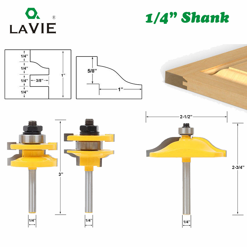 LAVIE 1/4 "Shank 3 ชิ้นขนาดใหญ่แผงประตูตู้ Tenon Router Bit Cabinet ...
