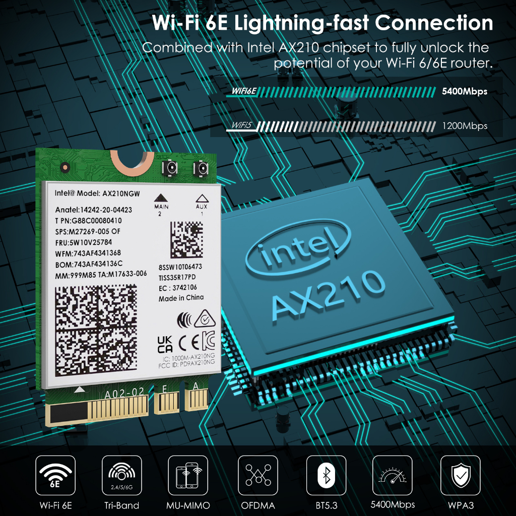 Wavlink การ์ดเครือข่ายไร้สาย WiFi 6E Intel AX210 Tri-Band 5400Mbps 2 ...