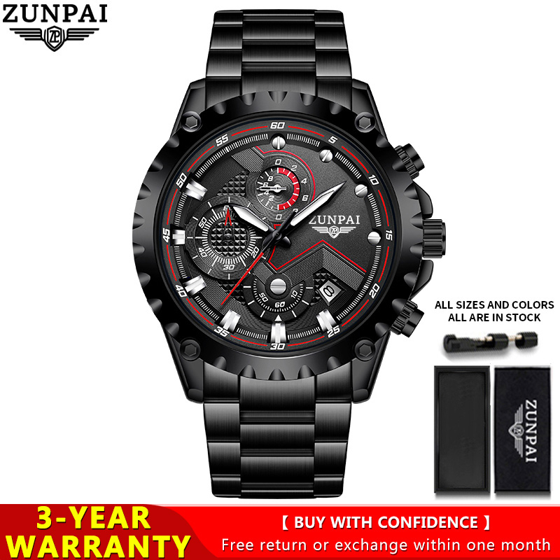 ZUNPAI 100% ของแท้ นาฬิกาผู้ชายกันน้ำได้ สายสเตนเลส พร้อมกล่อง ดูเวลา ...