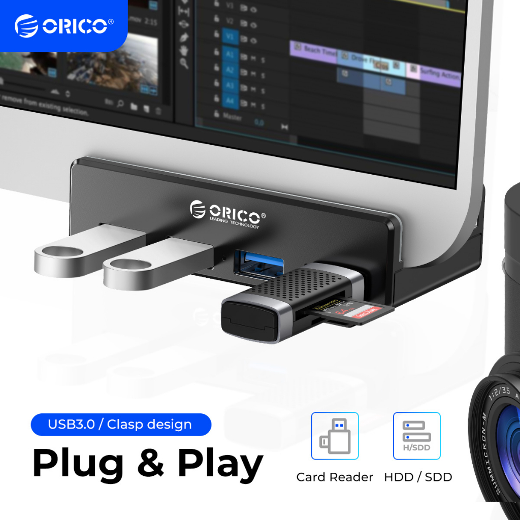 Orico USB 3.0 Clamp Hub อลูมิเนียม 4-Port USB Hub 3.0 พร้อมพอร์ตจ่ายไฟ ...