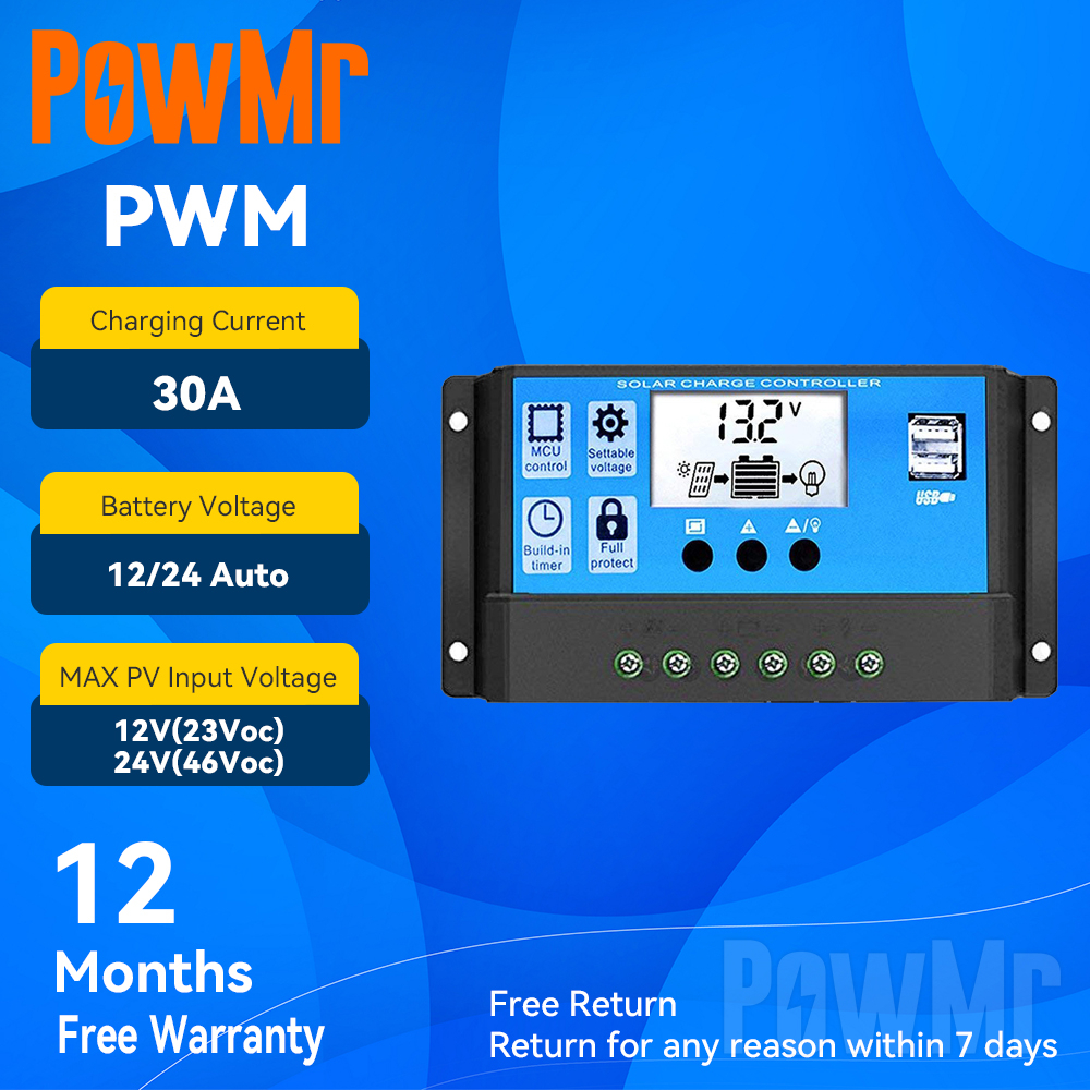 PowMr PWM Solar Charger Controller 30A 12V 24V Battery Charger LCD Dual USB Solar Panel ...