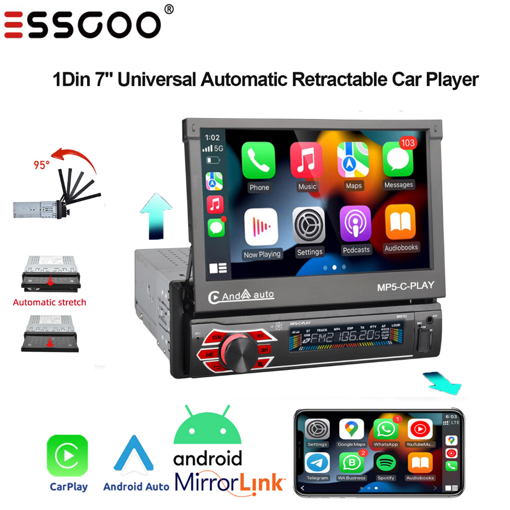 ESSGOO 1Din 7" Universal Automatic Retractable Car Stereo Multimedia ...