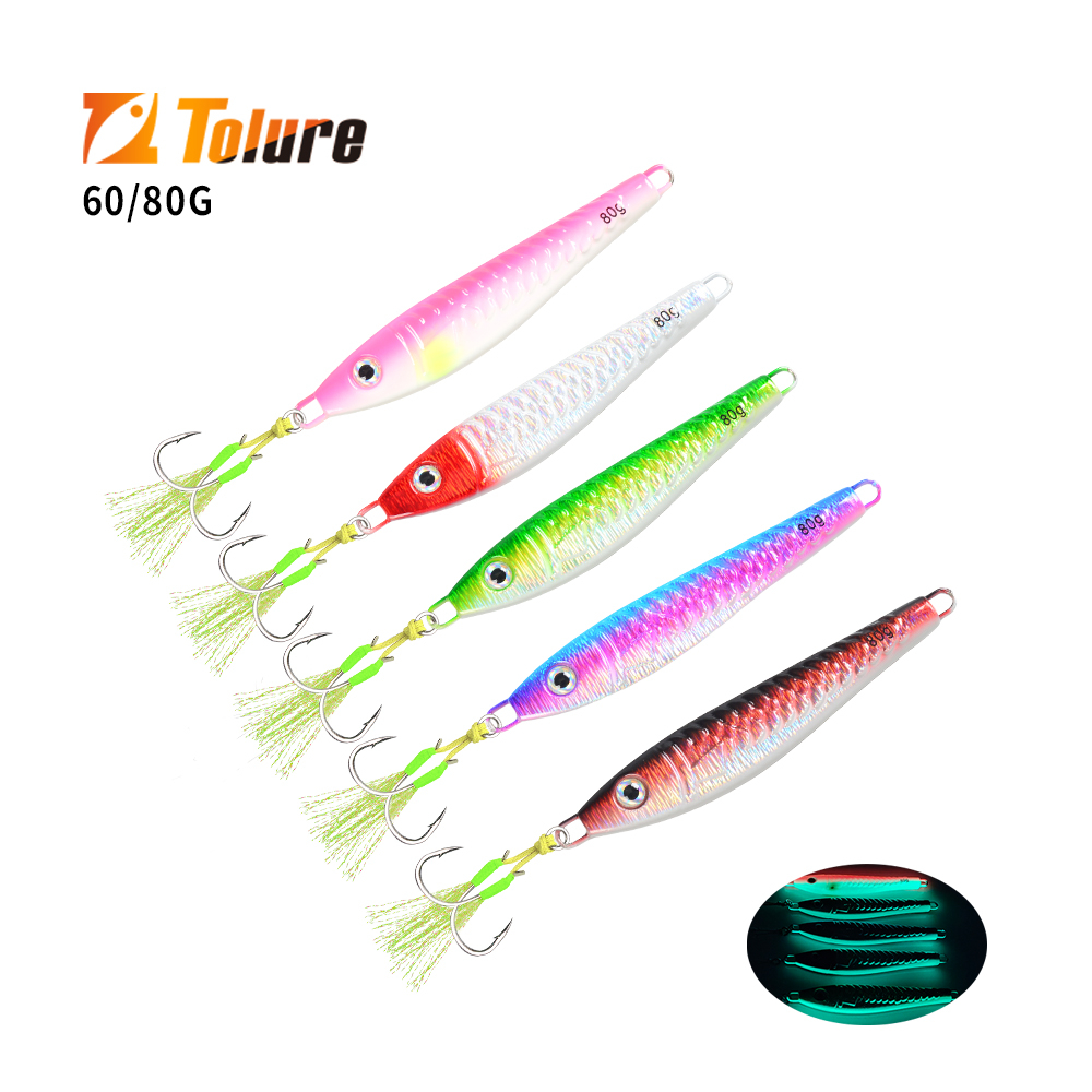 Tl 60g 80g โลหะ Jigging พร้อมตะขอ 1PC ช้า Sinking Hard เหยื่อเรืองแสงตกปลา Lure Long Casting ...