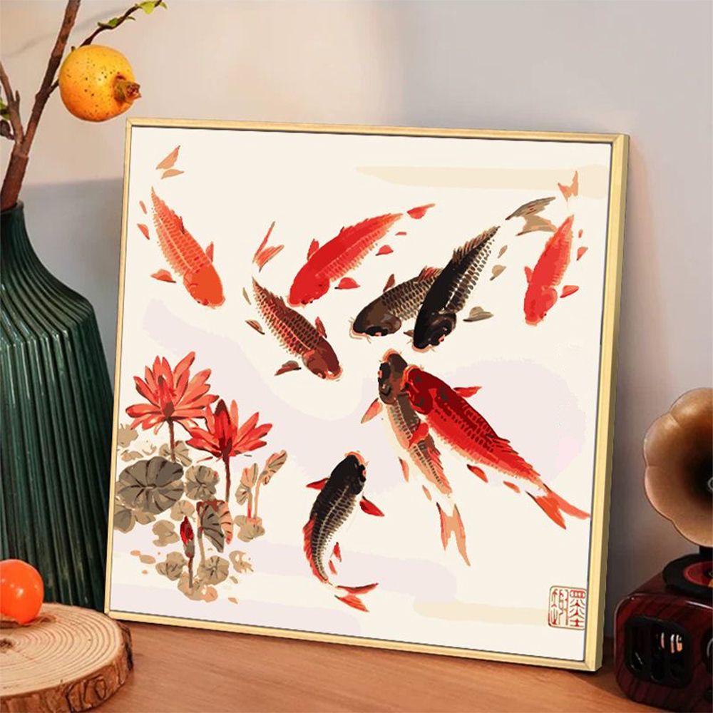 Drofe/20x20ซม.พร้อมกรอบ/ระบายสีตามตัวเลข/ปลาคาร์ฟ/โลตัส/รูปภาพติดผนัง ...