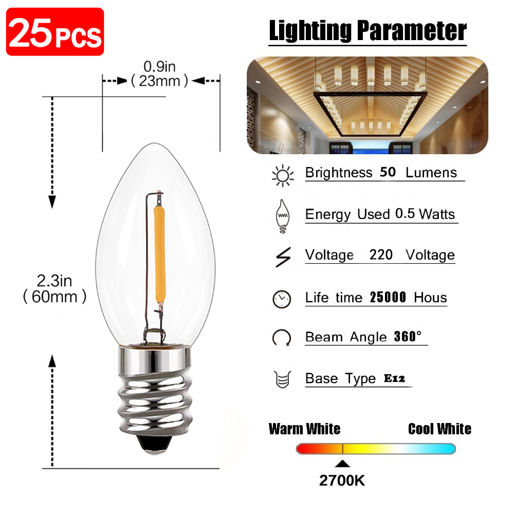 หลอดไฟ LED C7 E12 E14 0.5W 5W 90% ประหยัดพลังงาน สีขาวอบอุ่น สไตล์เรโทร แบบเปลี่ยน 25 แพ็ค ...