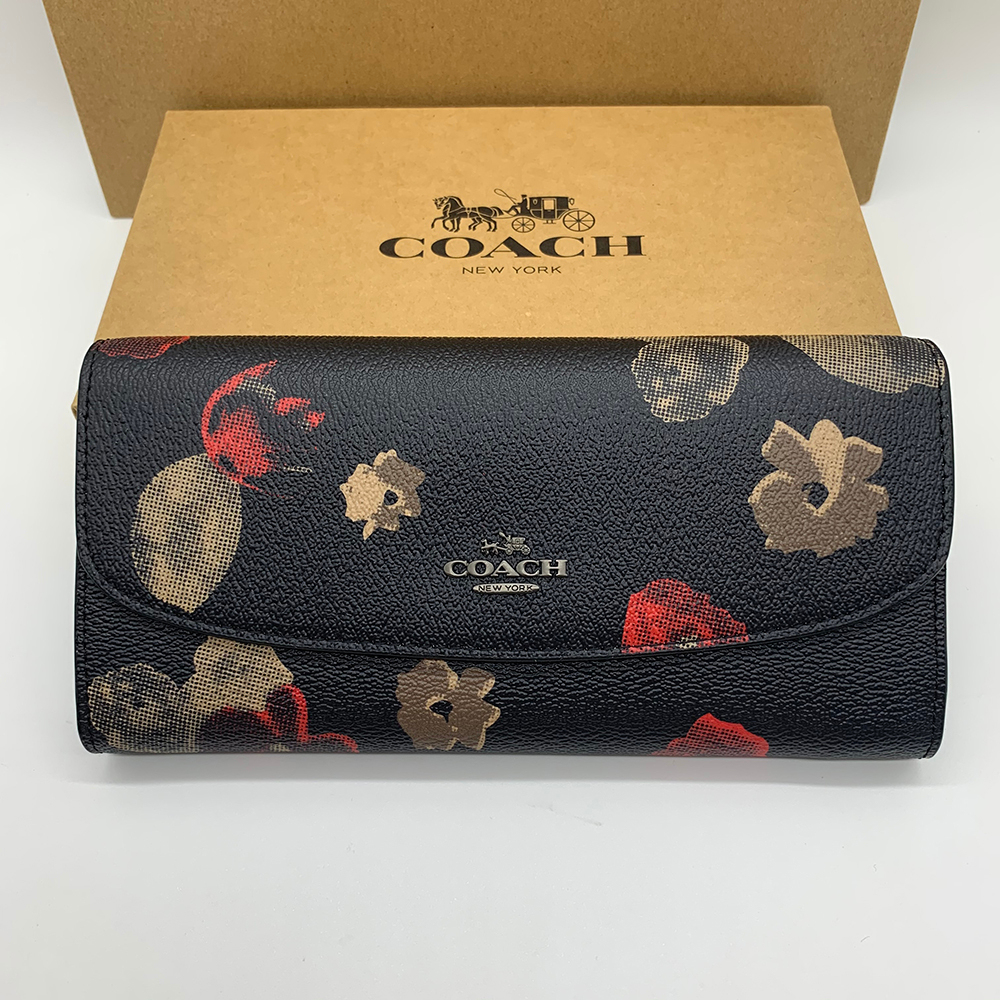 กระเป๋าสตางค์ COACH F55675 หนังแท้ 100% ใบยาว มีซิป ลายดอกไม้ สําหรับ ...