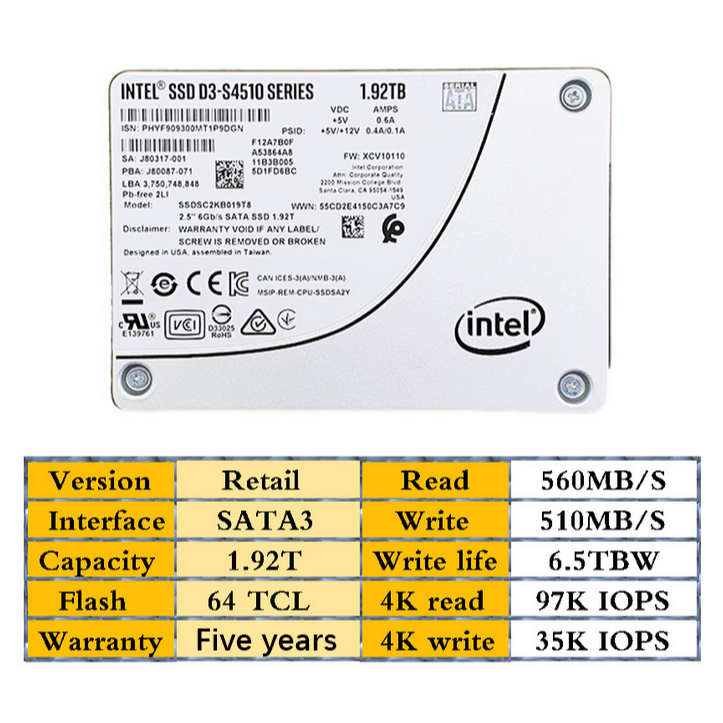 โซลิดสเตทไดรฟ์ Intel S4510 Series 480G 960G 1.92TB 3.84TB SSD ...