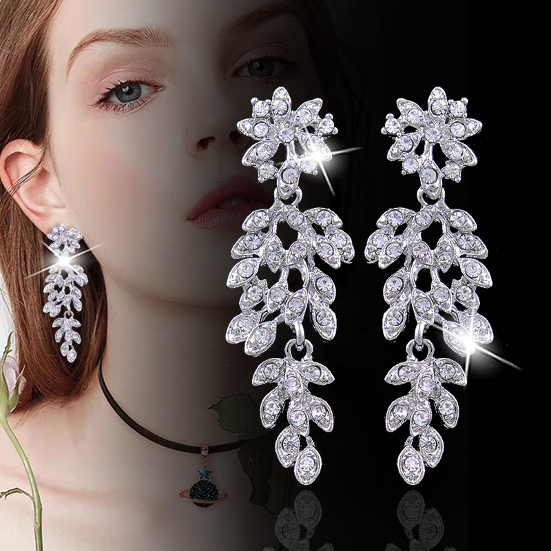 Sinleery วินเทจ สีดํา สีเงิน ใบไม้ ต่างหูยาว สําหรับผู้หญิง งานแต่งงาน ปาร์ตี้ เครื่องประดับ ...