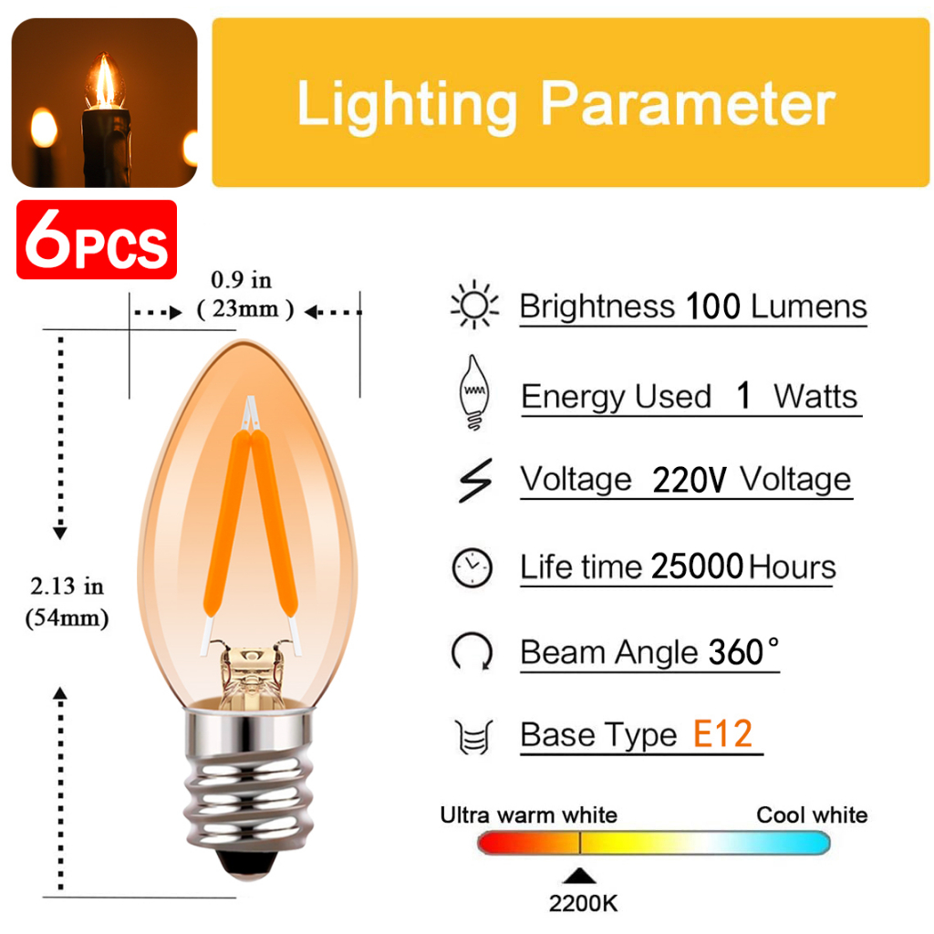 หลอดไฟ Edison E12 E14 LED 1W C7 หรี่แสงได้ สีขาวอบอุ่น สไตล์เรโทร สําหรับโคมไฟระย้า ตกแต่งบ้าน 6 ...