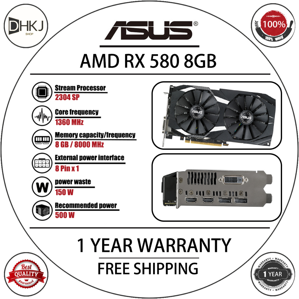 การ์ดจอเกมมิ่ง ASUS RX 580 8GB 2304SP GDDR5 256bit DirectX 12 GPU DVI-D ...