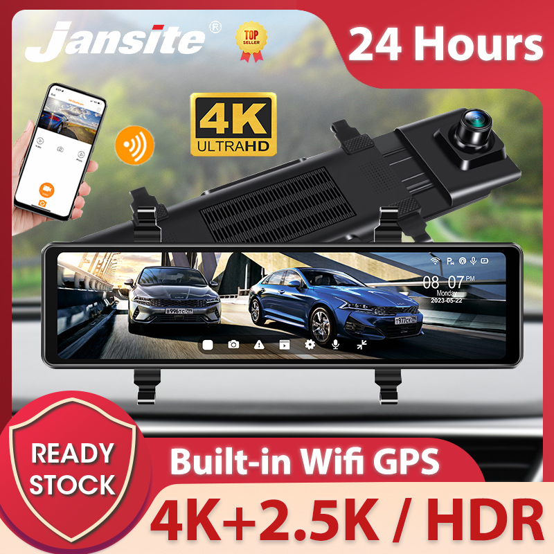 Jansite กล้องบันทึกวิดีโอ DVR 4K เลนส์คู่ GPS 12 นิ้ว ควบคุมด้วยเสียง Wifi จอดรถ 24 ชม. สําหรับ ...