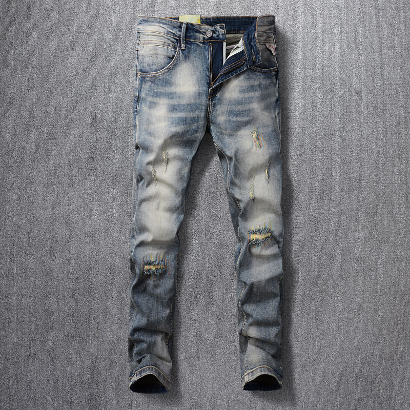 กางเกงยีนส์ผู้ชายสไตล์วินเทจแบบใหม่ Blue Slim Fit Patch เย็บปักถักร้อย ...