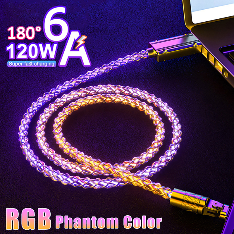 สายชาร์จ USB A เป็น Micro C180 ไล่โทนสี 6A 120W RGB หมุนได้ สําหรับ ...