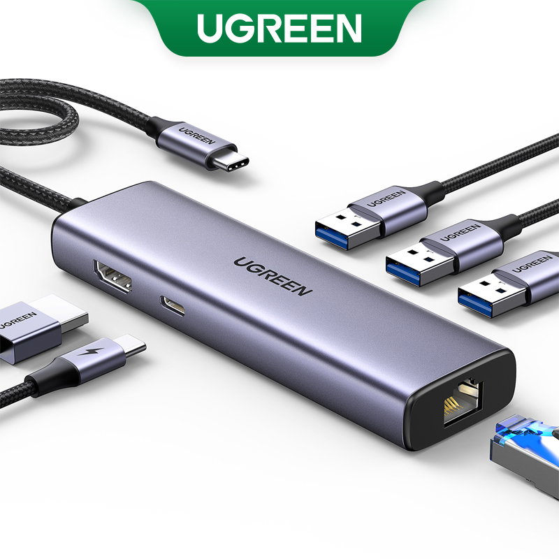 Ugreen อะแดปเตอร์แปลง USB C Hub 4K30Hz 6 in 1 Hub Type-C เป็น HDMI RJ45 USB A 3.0 PD สําหรับ ...