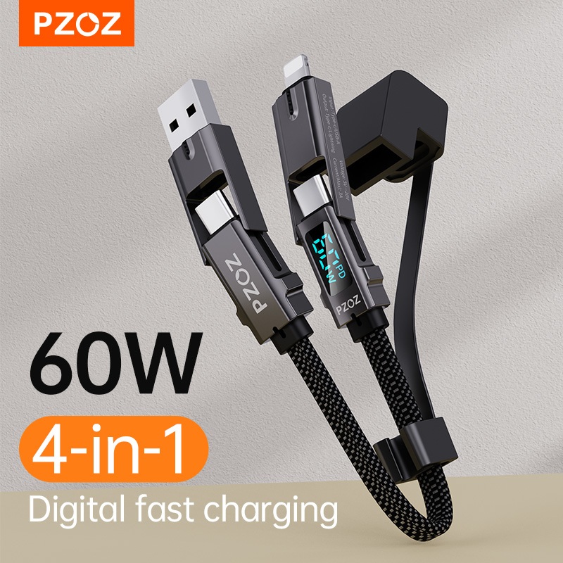 Pzoz 4 in 1 60W PD USB C สายเคเบิล จอแสดงผลดิจิตอล ชาร์จเร็ว สําหรับ ...