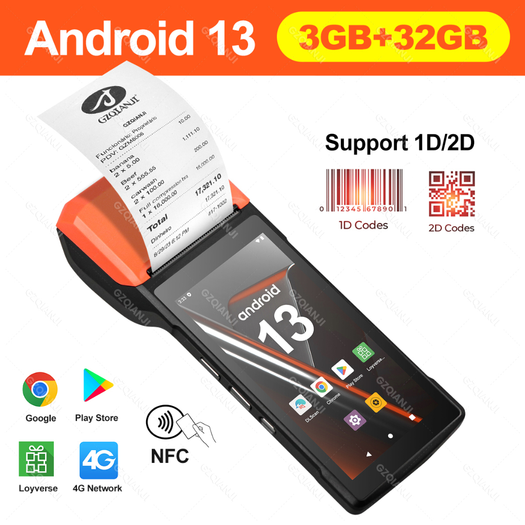 เครื่องสแกนบาร์โค้ด WIFI 4G NFC Android13 มือถือ POS PDA พร้อมบลูทูธ 2+16GB 3+32GB POS 58 มม. ...