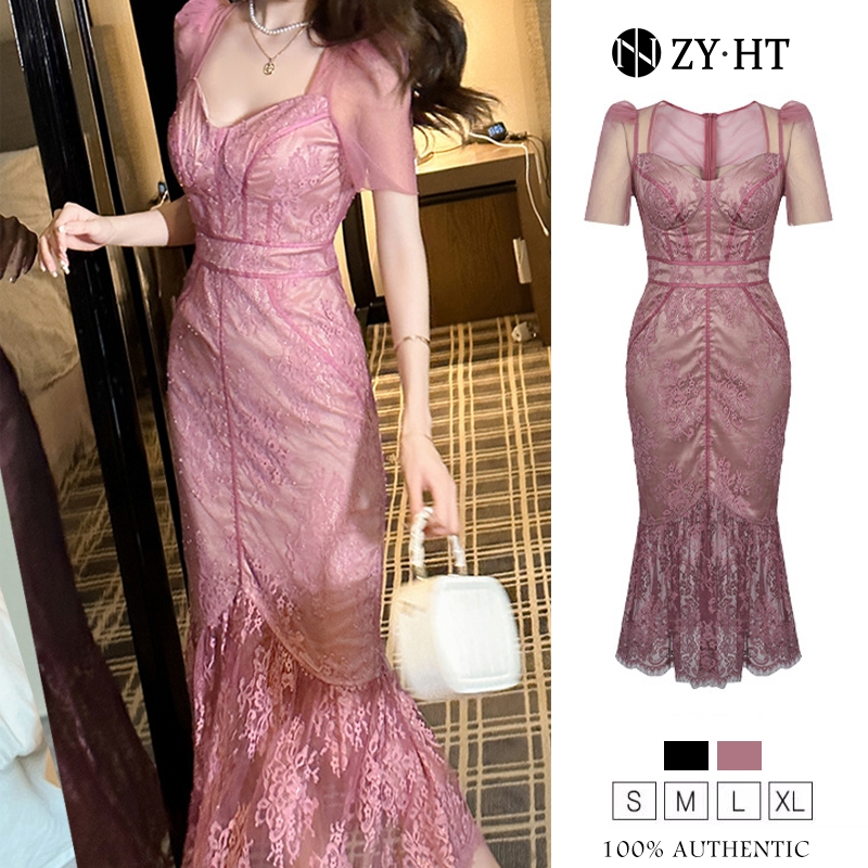 Zy.ht ZYHT ชุดเดรส แต่งลูกไม้ สีดํา สีชมพู สไตล์ฝรั่งเศส เซ็กซี่ ...