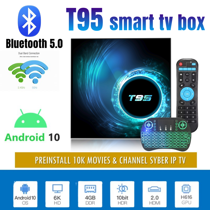 T95 กล่องรับสัญญาณสมาร์ททีวี ภาพยนตร์ 2.4G+5GWIFI Android 10.0 ไม่มี ...