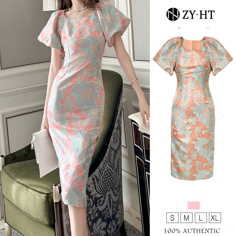 Zy.ht ZYHT ชุดเดรสแขนพอง คอสี่เหลี่ยม สีชมพู เซ็กซี่ สไตล์ฝรั่งเศส ...