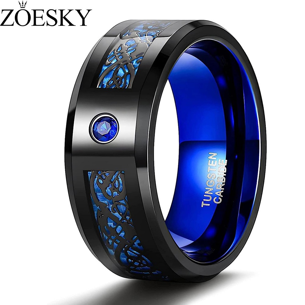 ZOESKY แหวนแต่งงาน ทังสเตนสีดำ/สีฟ้า CZ eternity Celtic dragon ขอบเรียบ ...