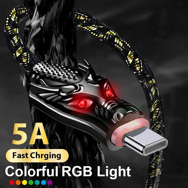 สายชาร์จ USB Type C ไฟ RGB LED Micro USB C 5A 3A สําหรับ Huawei Realme ...