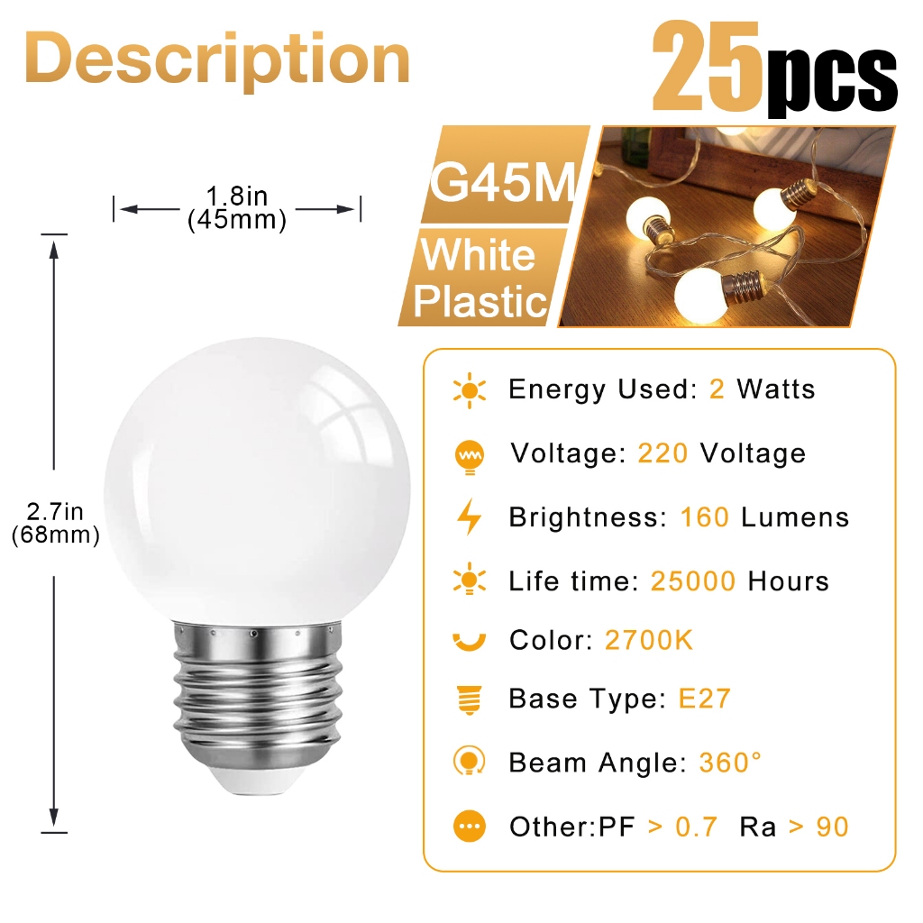หลอดไฟ Led E27 1W 2W 3W G45 220V พลาสติก สีขาวอบอุ่น ประหยัดพลังงาน สําหรับตกแต่งบ้าน 25 ชิ้น ...