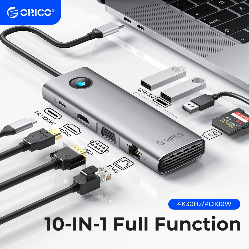 Orico USB C Hub Docking 10 in 1 USB C Dongle พร้อม HDMI 4K + PD100W + 3 ...