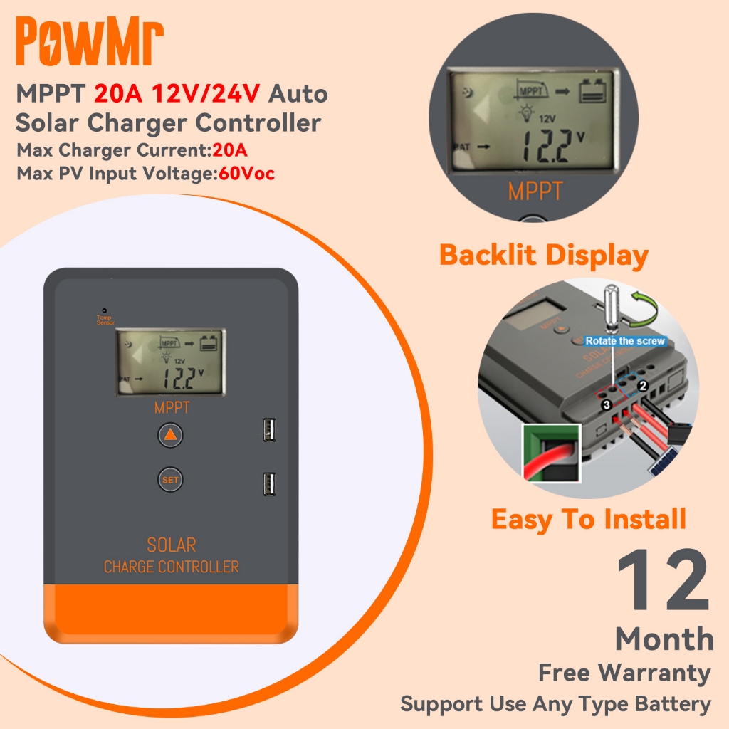 PowMr MPPT 20A Solar Charger Controller 12V 24V Auto Solar Controller PV Max Input 60Voc Lcd ...