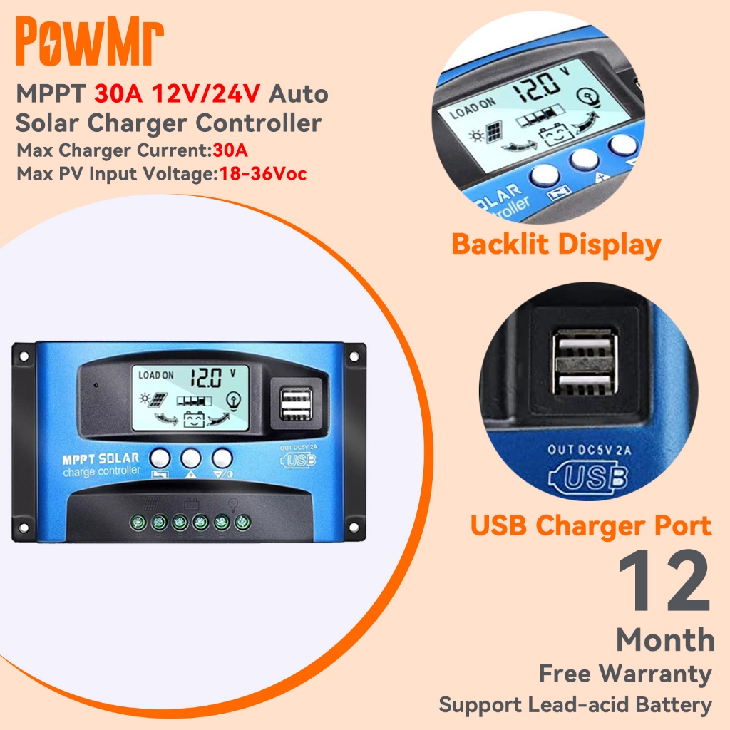 PowMr MPPT Solar Charge Controller 30A Solar Power Regulator 12V 24V ...