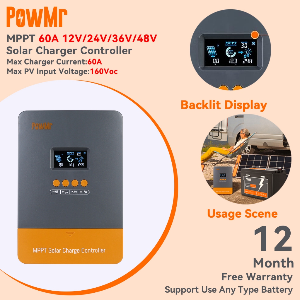 PowMr MPPT 60A ตัวควบคุมการชาร์จพลังงานแสงอาทิตย์ 12V 24V 36V 48V การ ...