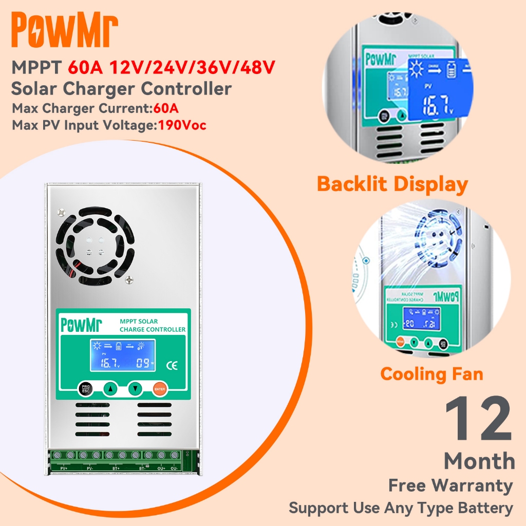 พัดลมตรวจจับอัตโนมัติ Cooling PowMr MPPT 60A Solar Charge Controller 12 V/24 V/36 V/48 V Auto ...