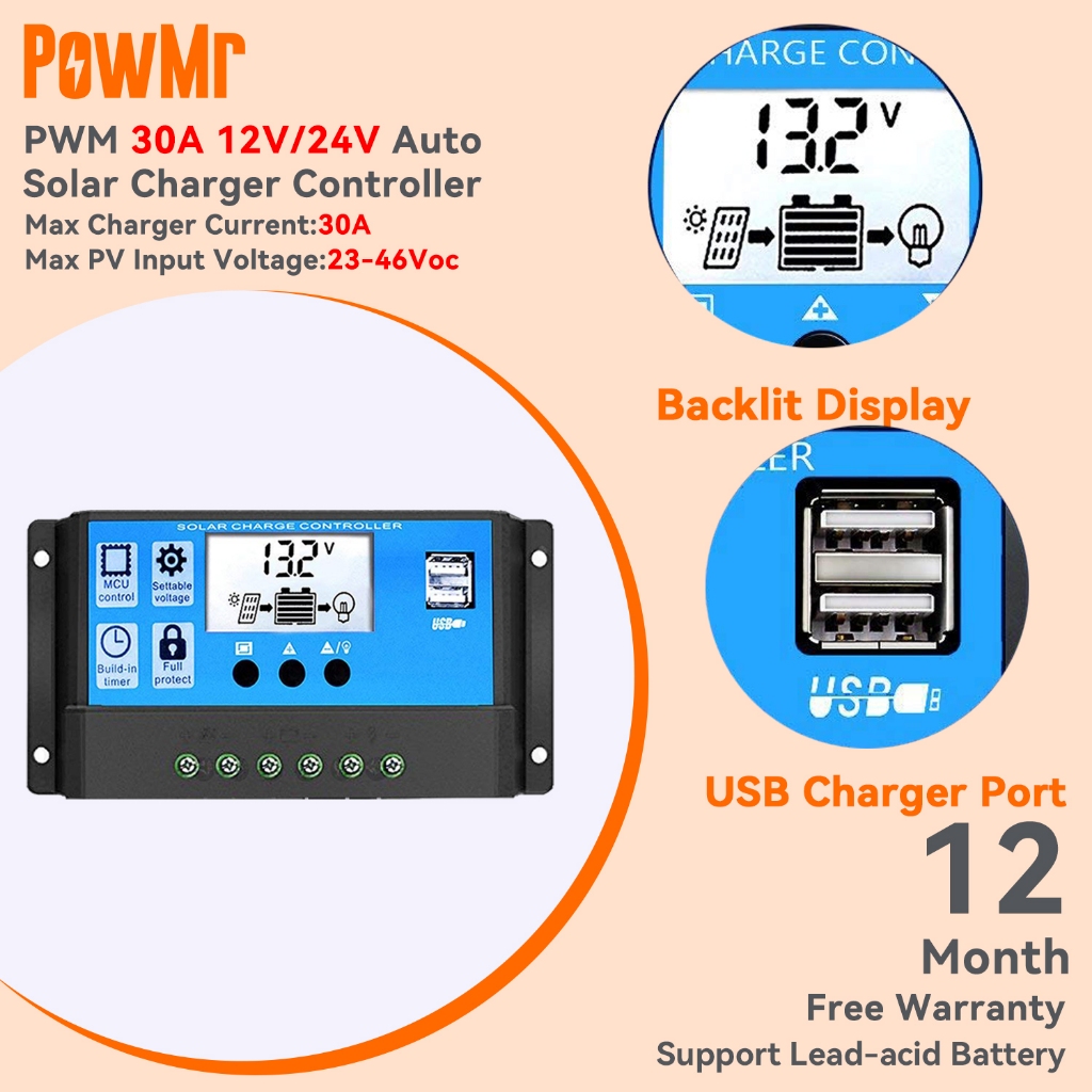 PowMr PWM Solar Charger Controller 30A 12V 24V Battery Charger LCD Dual USB Solar Panel ...
