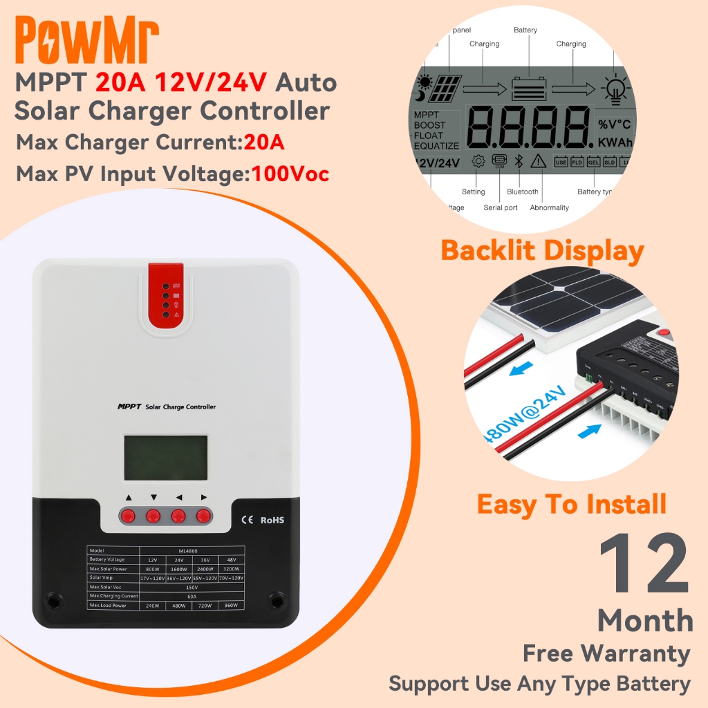 Powmr Srne Mppt 20a Solar Charge Controller ทํางานแบตเตอรี่ 12v 24v ...
