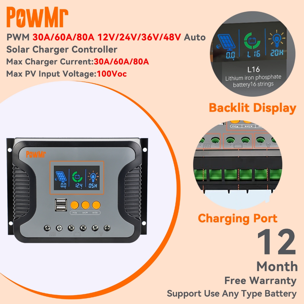 Powmr ตัวควบคุมการเก็บประจุพลังงานแสงอาทิตย์ 30A 60A 80A PWM 12V 24V ...