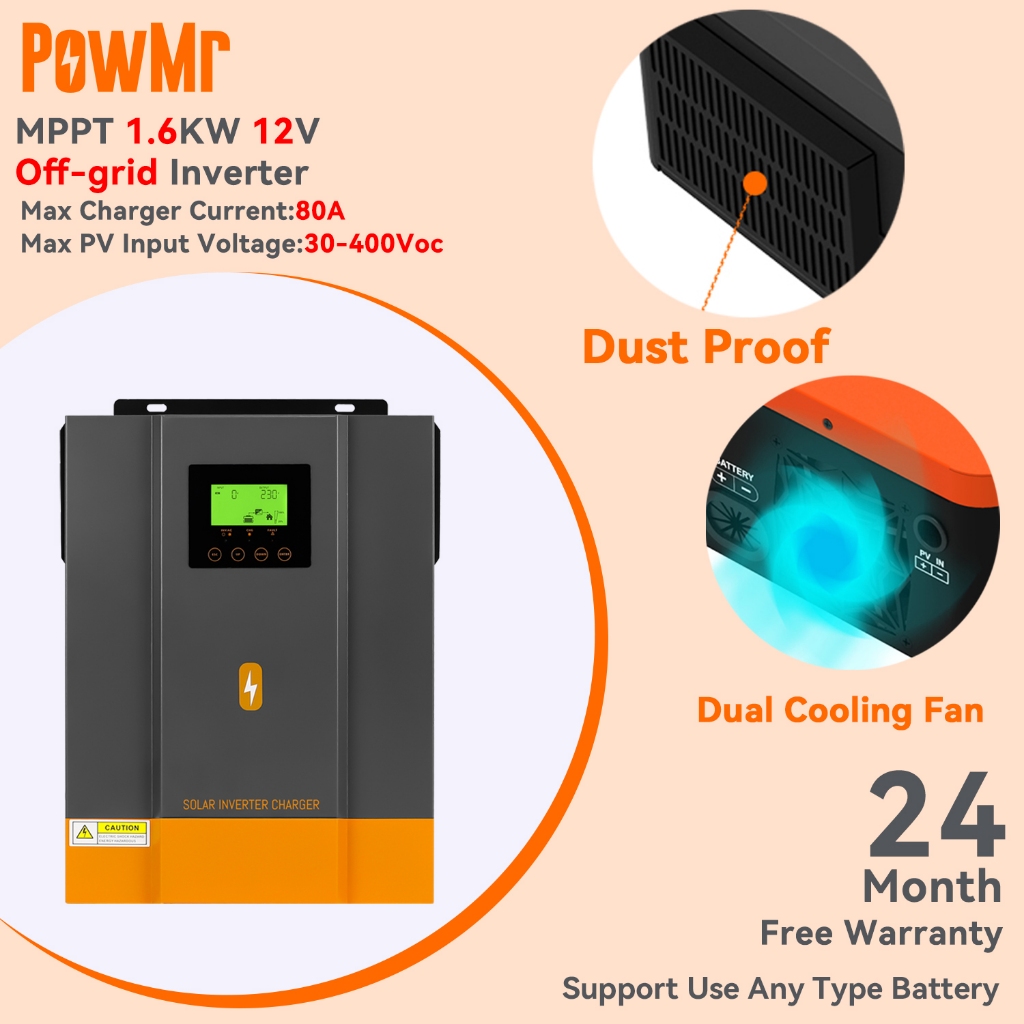 【ใหม่】PowMr Mppt 1.6KW ตัวควบคุมพลังงานแสงอาทิตย์ 12V 230Vac PV 30Voc ...