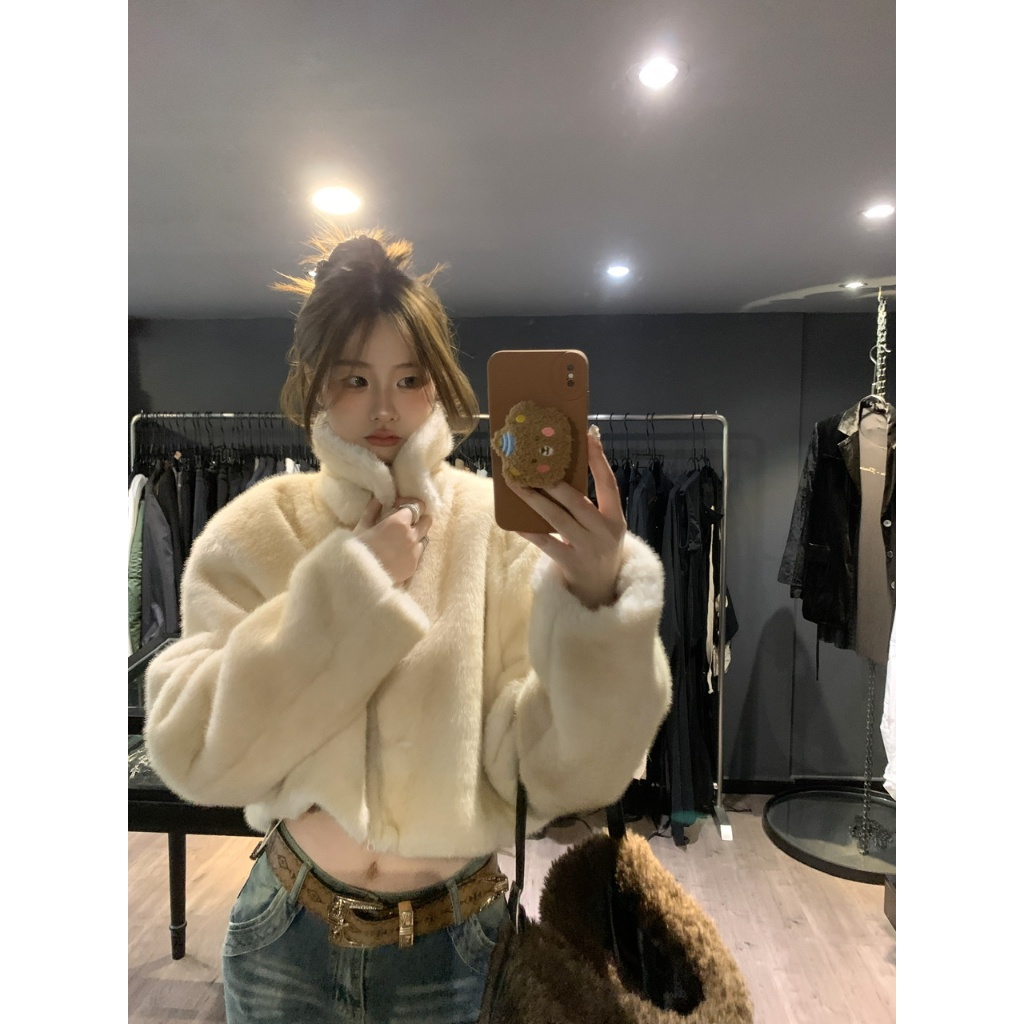 【JMWOMEN】เสื้อโค้ทสั้น ขนเฟอร์นิ่ม หนา มีซิป คอปกตั้ง | Shopee Thailand