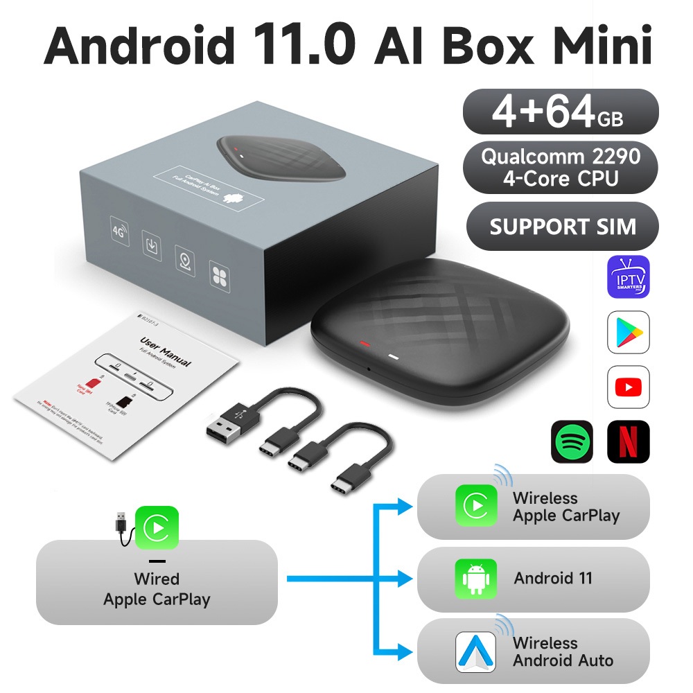 Carlinkit carplay กล่อง AI TBox Plus 4+64GB ระบบแอนดรอยด์ 13.0 แบบใช้สาย เล่นกับคาร์เพลย์ไร้สาย ...