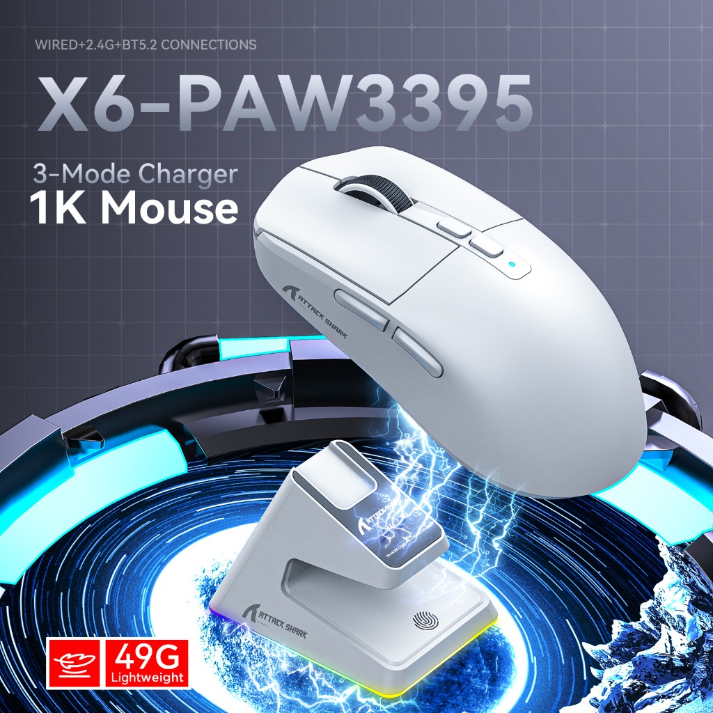 Attack Shark X6 เมาส์เกมมิ่ง บลูทูธ PAW3395 ฐานชาร์จแม่เหล็ก RGB | Shopee Thailand