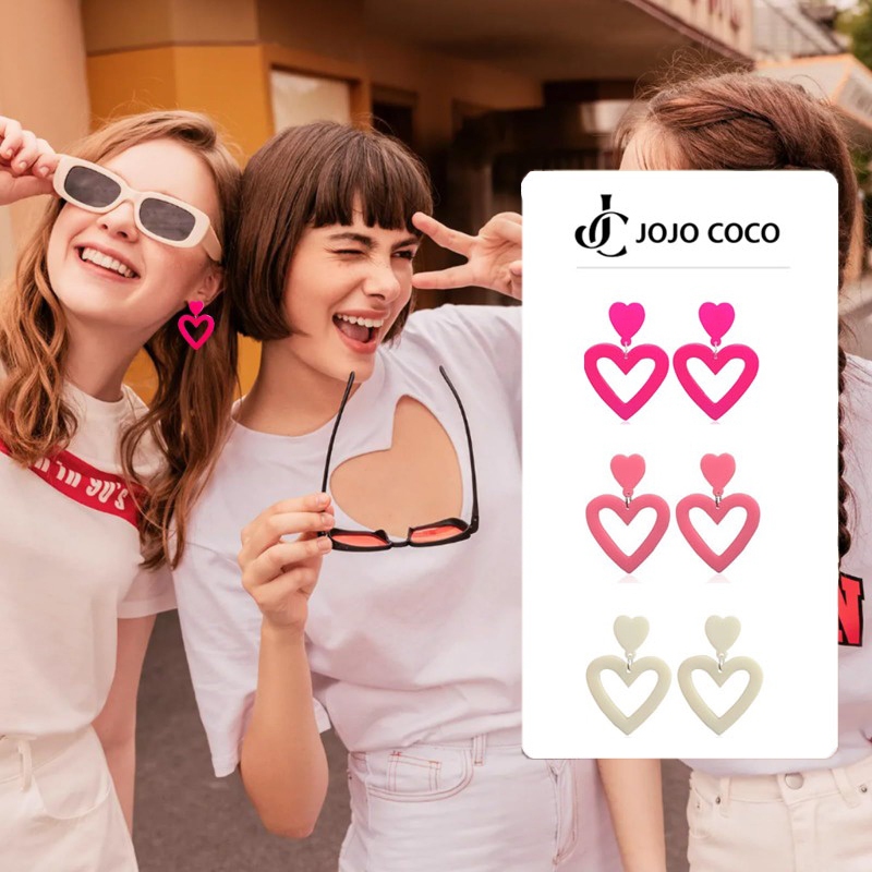 Jojo COCO ต่างหูสตั๊ด รูปหัวใจ สีชมพู กลวง บาร์บี้ ผงต่างหู แฟชั่น ...