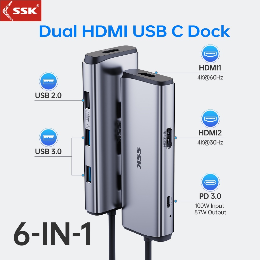 SSK SC216 สถานีเชื่อมต่อ 4K 60Hz Dual HDMI USB HUB 3.0 HDMI 100W PD ...