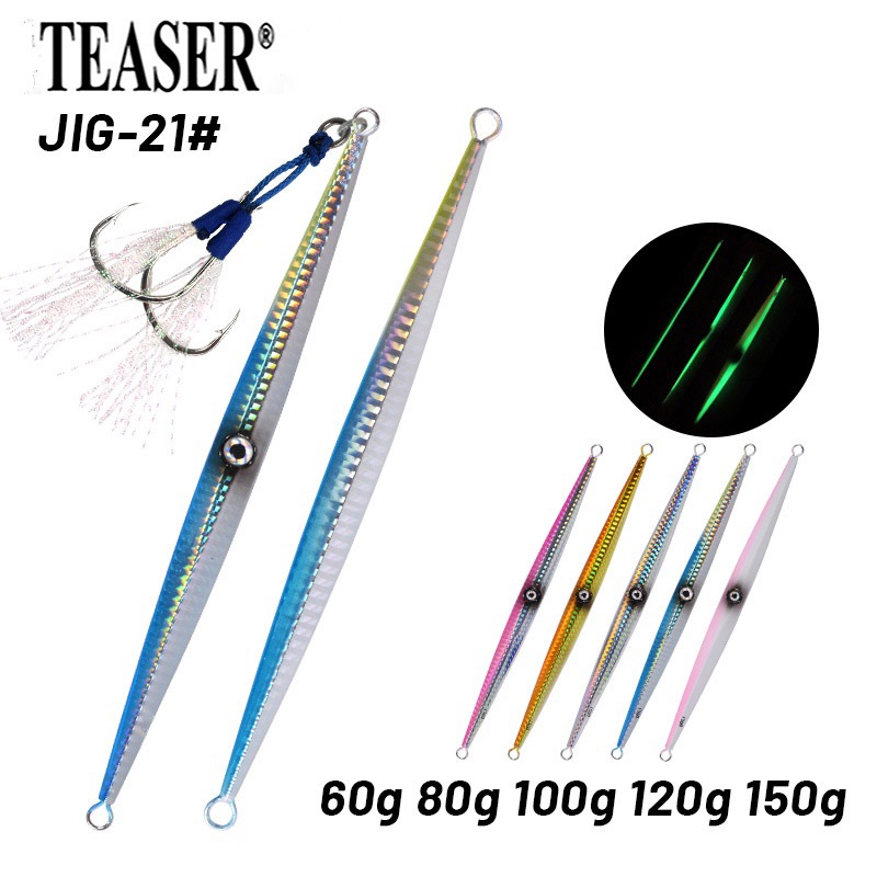 TEASER【J21】60g 80g 100g 120g โลหะ Jigging Lure Sinking Fast ตกปลาทะเล Jigs Glow Casting Fishing ...