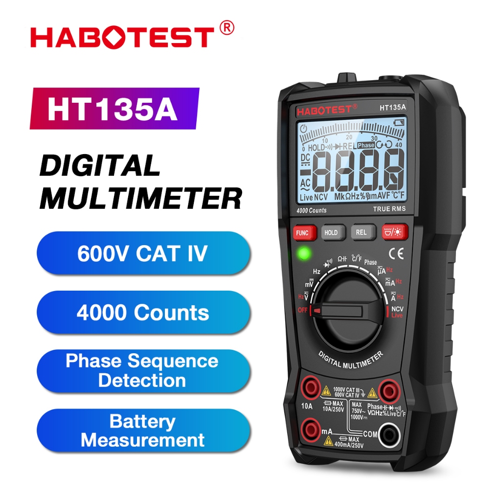 Habotest HT135 มัลติมิเตอร์ดิจิทัล 4000 Counts AV DC แรงดันไฟฟ้า NCV ฟั ...
