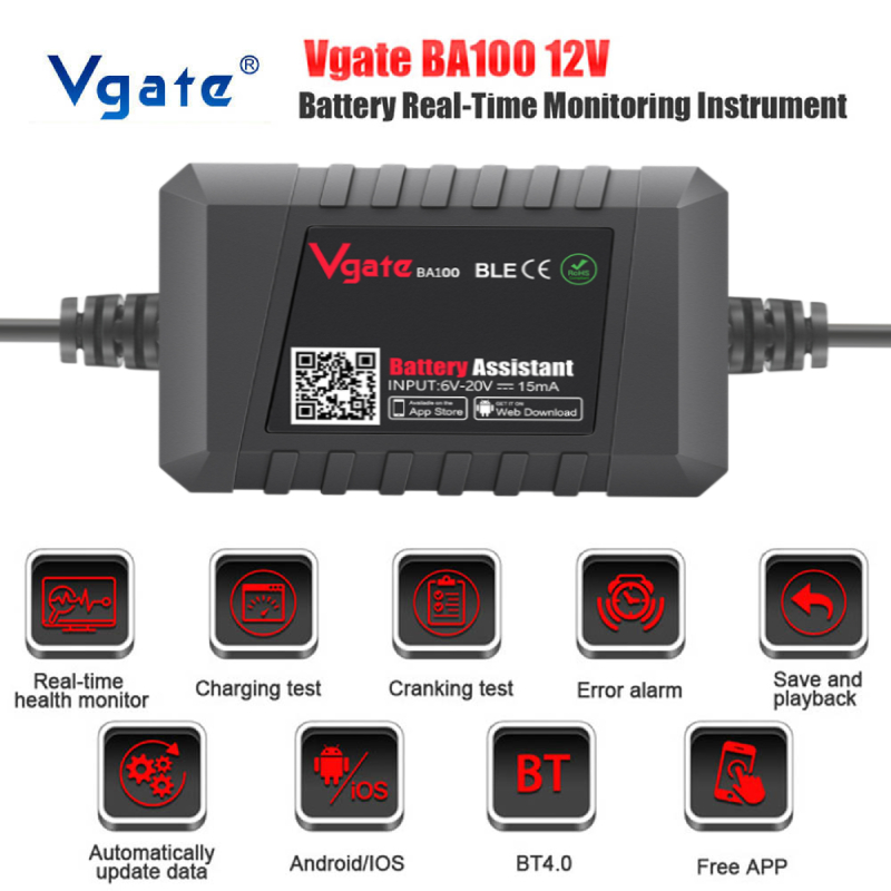 Vgate BA100 เครื่องทดสอบแบตเตอรี่รถยนต์ บลูทูธ 4.0 12V 100-2000CCA ...