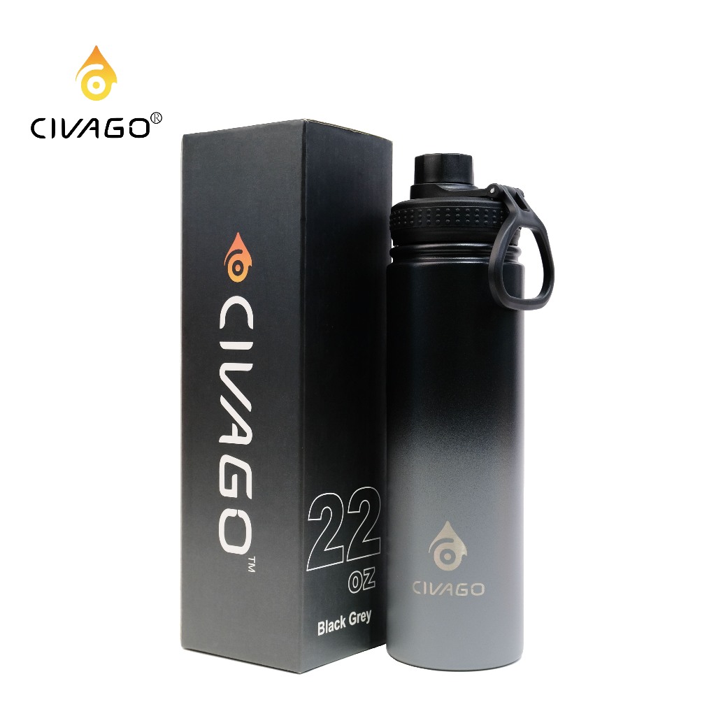 Civago (22oz) ปากกว้างพร้อมฝาปิดพวยสูญญากาศฉนวน StainlessSteel น้ําดื่ม ...
