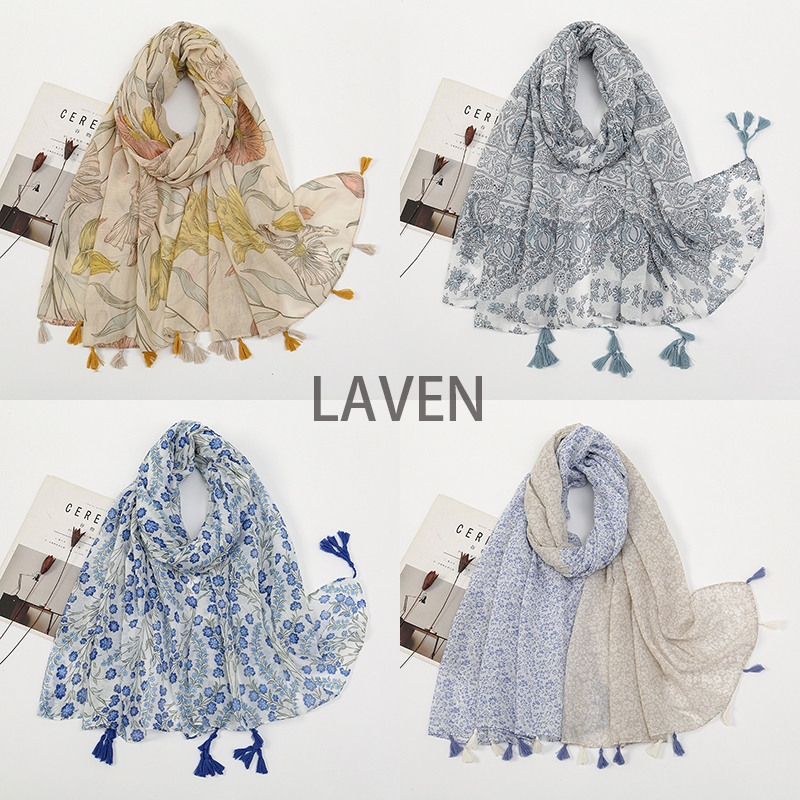 Laven Soft Voile Hijab ผ้าพันคอดอกไม้พิมพ์ Hijab มุสลิมวันหยุดชายหาดพู่ ...