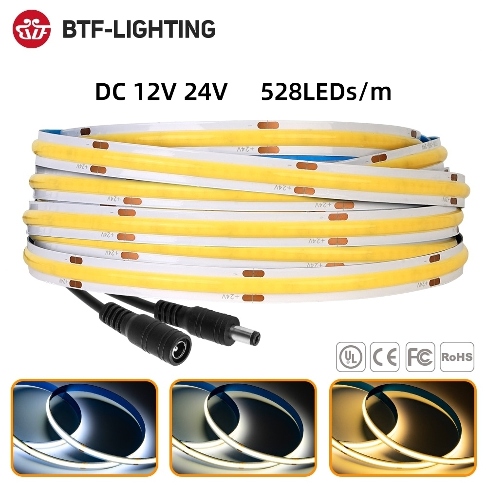 BTF-LIGHTING แสงสีขาว 528LEDs/m แถบไฟ COB LED 3000K/4000K/6000K แถบแสง ...