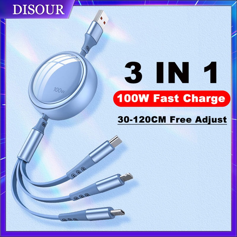 Disour สายชาร์จเร็ว 100W 3 In 1 6A ปรับได้ แบบพกพา สําหรับ Type-C Micro IOS 30-120 ซม. | Shopee ...