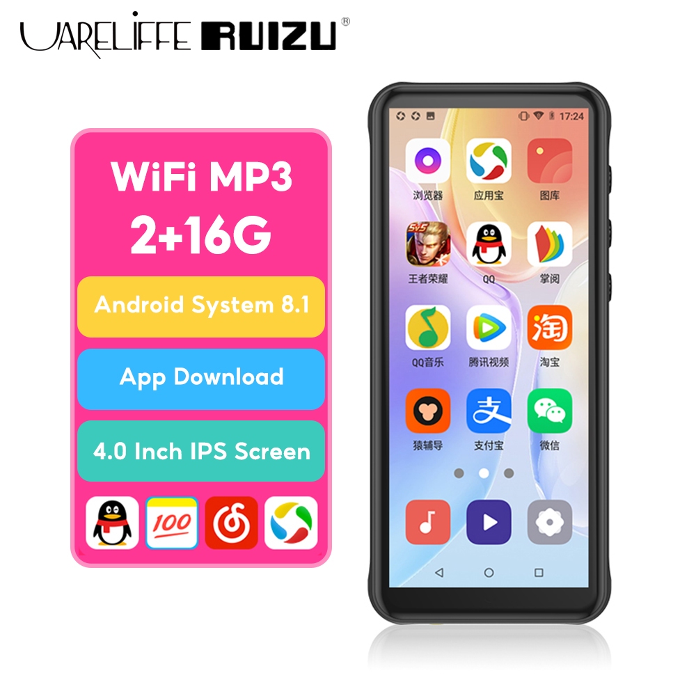 Uareliffe RUIZU Z80 เครื่องเล่นเพลง 16G MP4 WiFi Android 8.1 บลูทูธ 5.0 HiFi MP3 เครื่องเล่น 4.0 ...