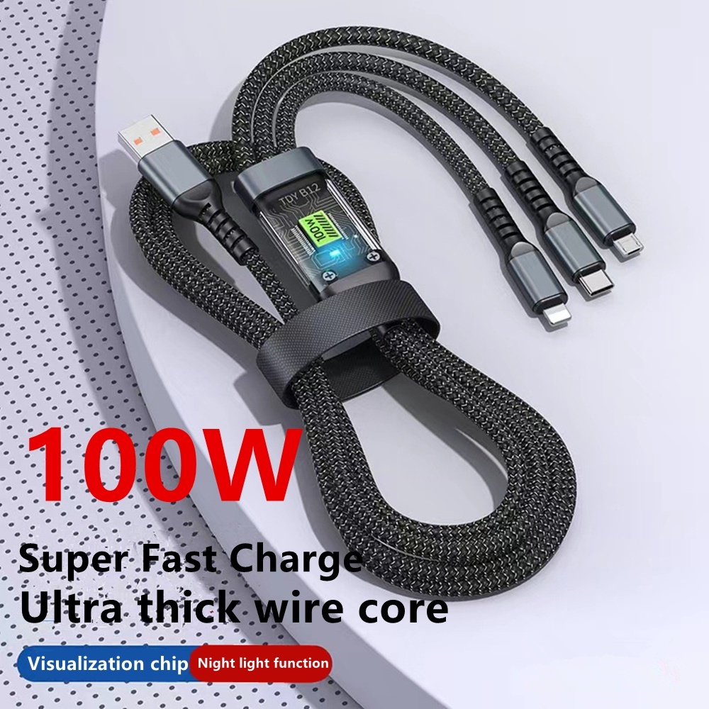 สายชาร์จ 100W 3 in 1 Super Charging Cable 6A Micro USB Type C Fast Charger Type-C Cable Data ...