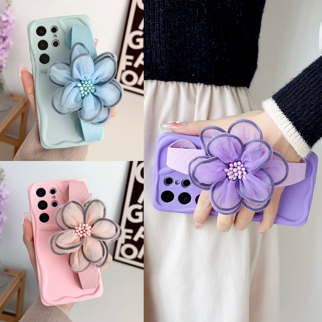 แฟชั่น ขั้นสูง สายรัดข้อมือ สามมิติ ดอกไม้ผ้าไหมน้ำแข็ง เคส Samsung Galaxy S23FE S23 Ultra S22 ...